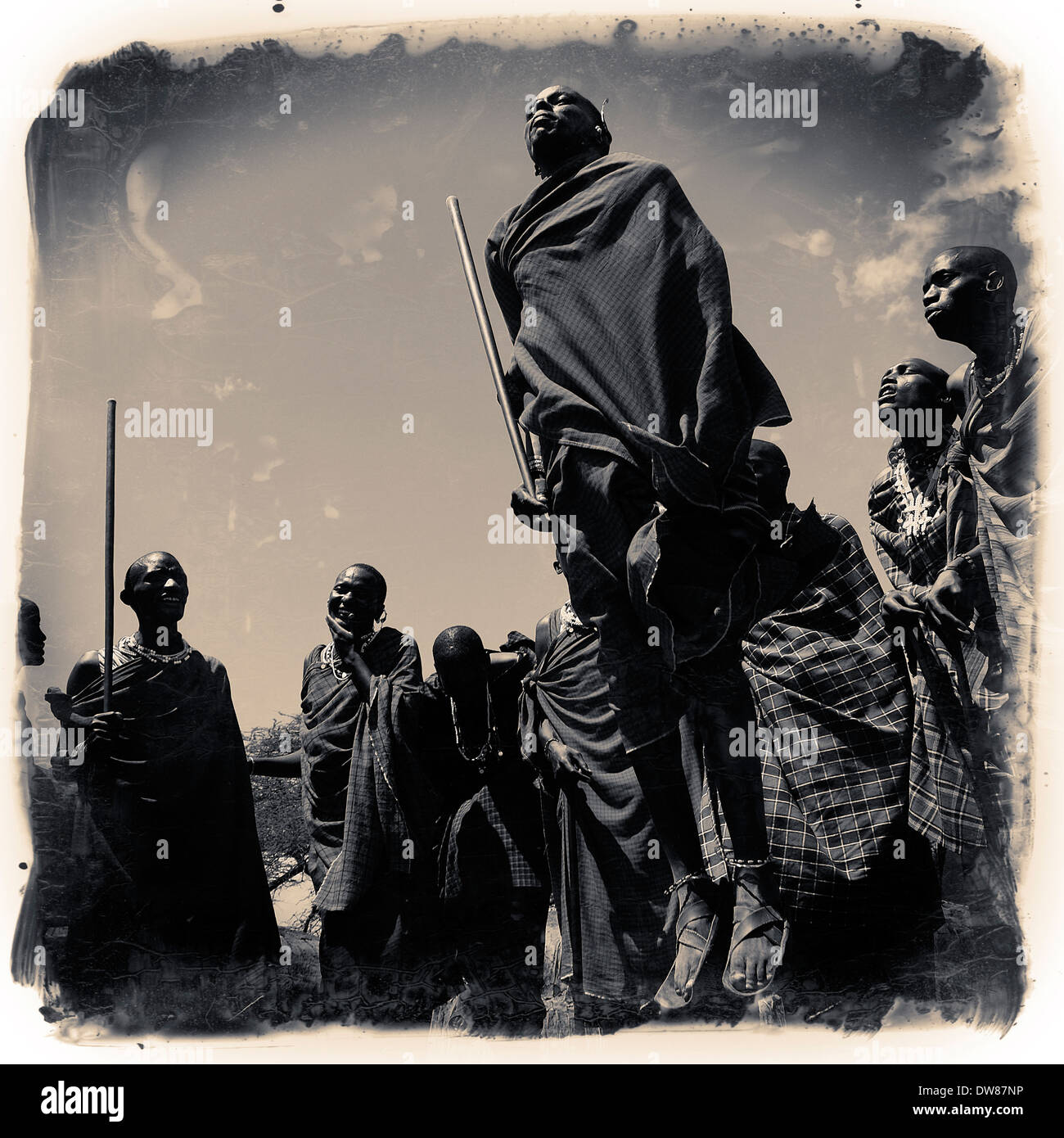 A group of Maasai men taking part in the traditional Adumu dance ...