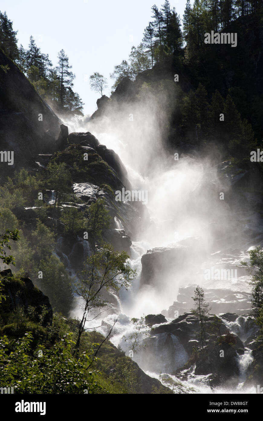 a wild waterfall in the sun with forest surrounding it Stock Photo - Alamy