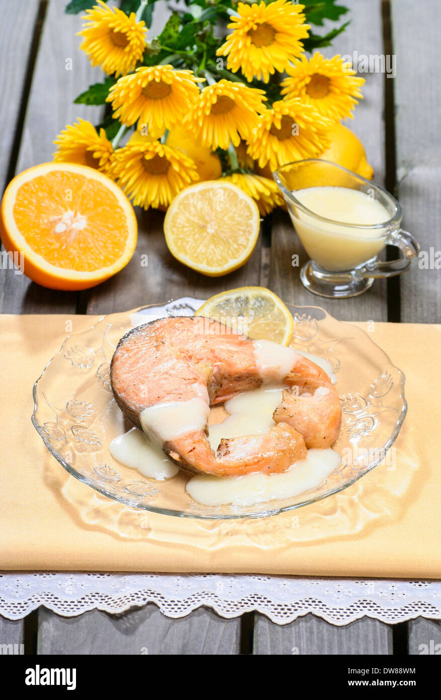 Salmon in bechamel sauce, selective focusSalmon in bechamel sauce ...