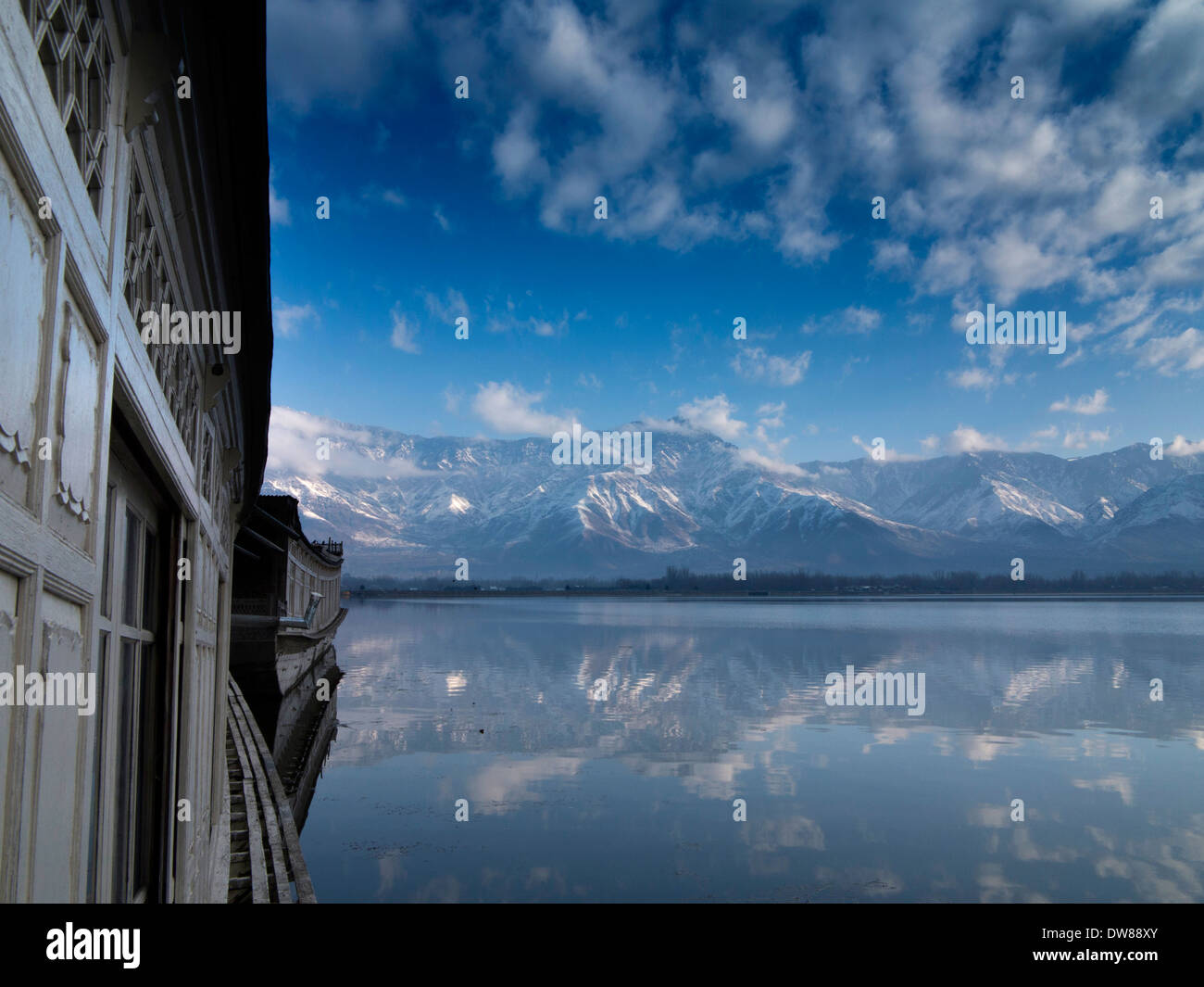 India, Kashmir, Srinagar, winter snow covered Zabarwan mountains ...