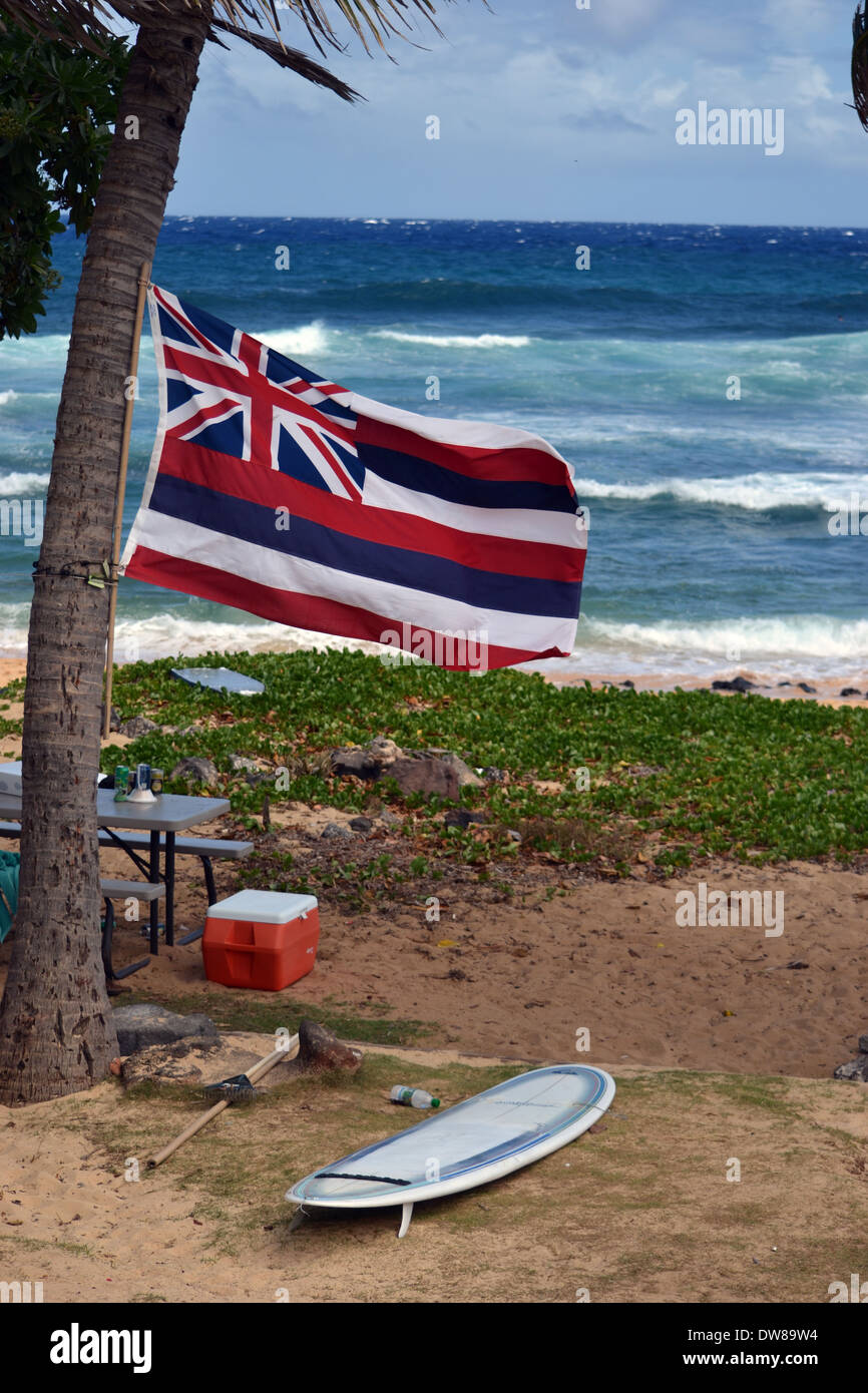 Flag of the state of Hawaii close to a surfboard at Sandy Beach, Oahu ...