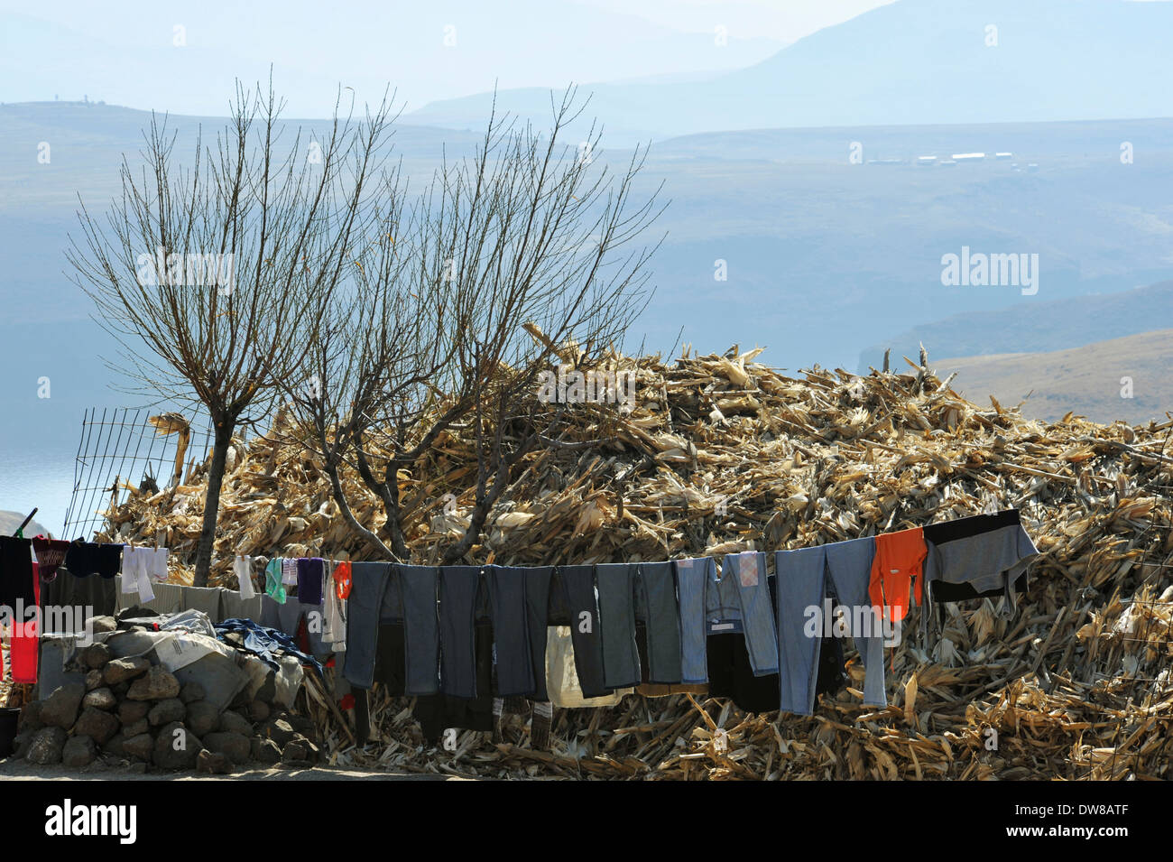 Katse, Lesotho, landscape, clothes hanging on washing line, laundry day ...