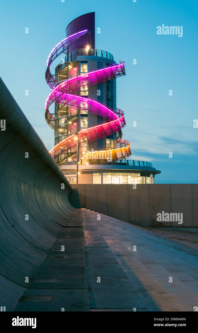 Vertical Pier on Redcar's seafront at dusk showing coloured lights ...