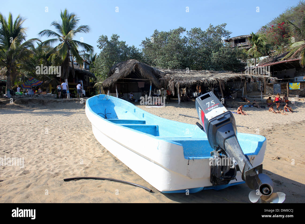 Local fishing boat on sandy beach, Mazunte, S. Oaxaca, Mexico Stock ...