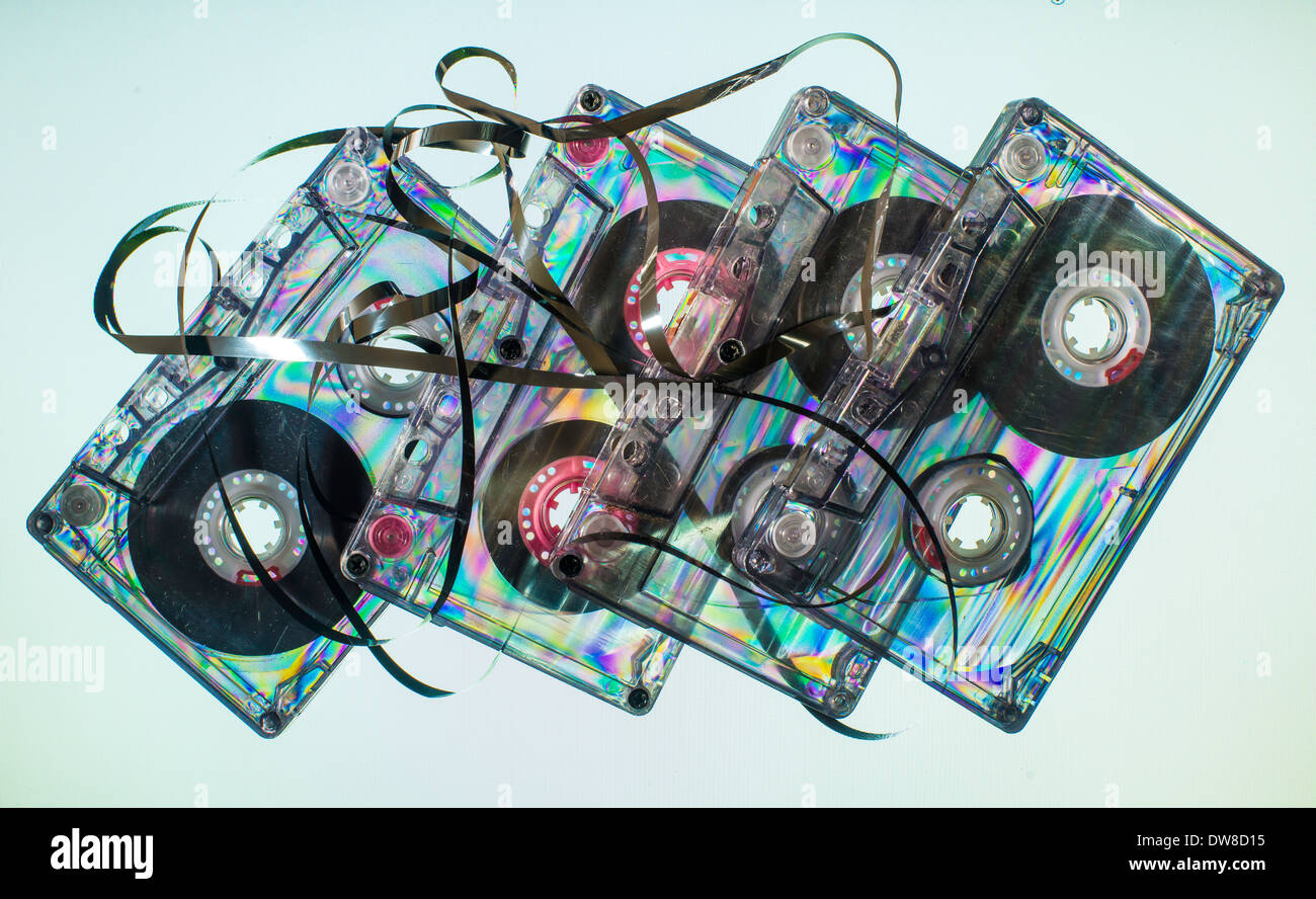 Vintage cassette tapes on light blue background Stock Photo - Alamy