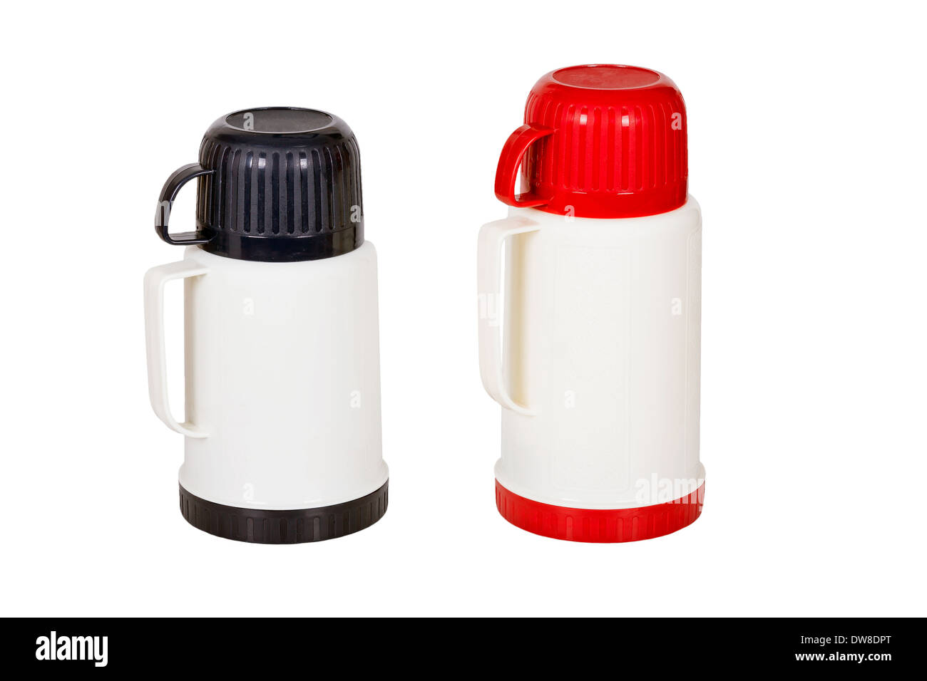 small and large thermos on white background Stock Photo - Alamy