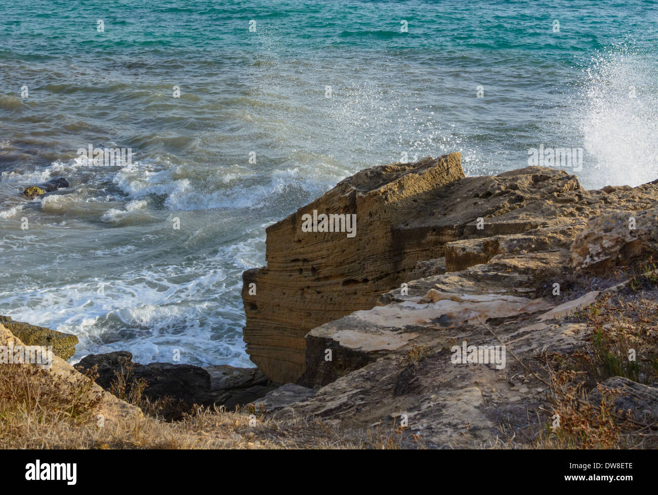 Limestone Cliff Sea Spray at Ses Covetes, Mallorca, Balearic islands ...