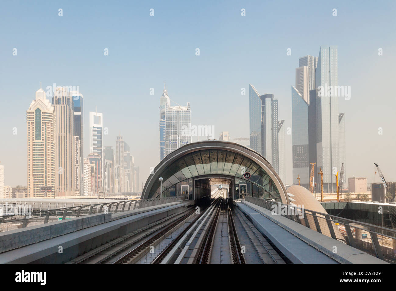Dubai metro station seen through the front window of the train, Dubai ...