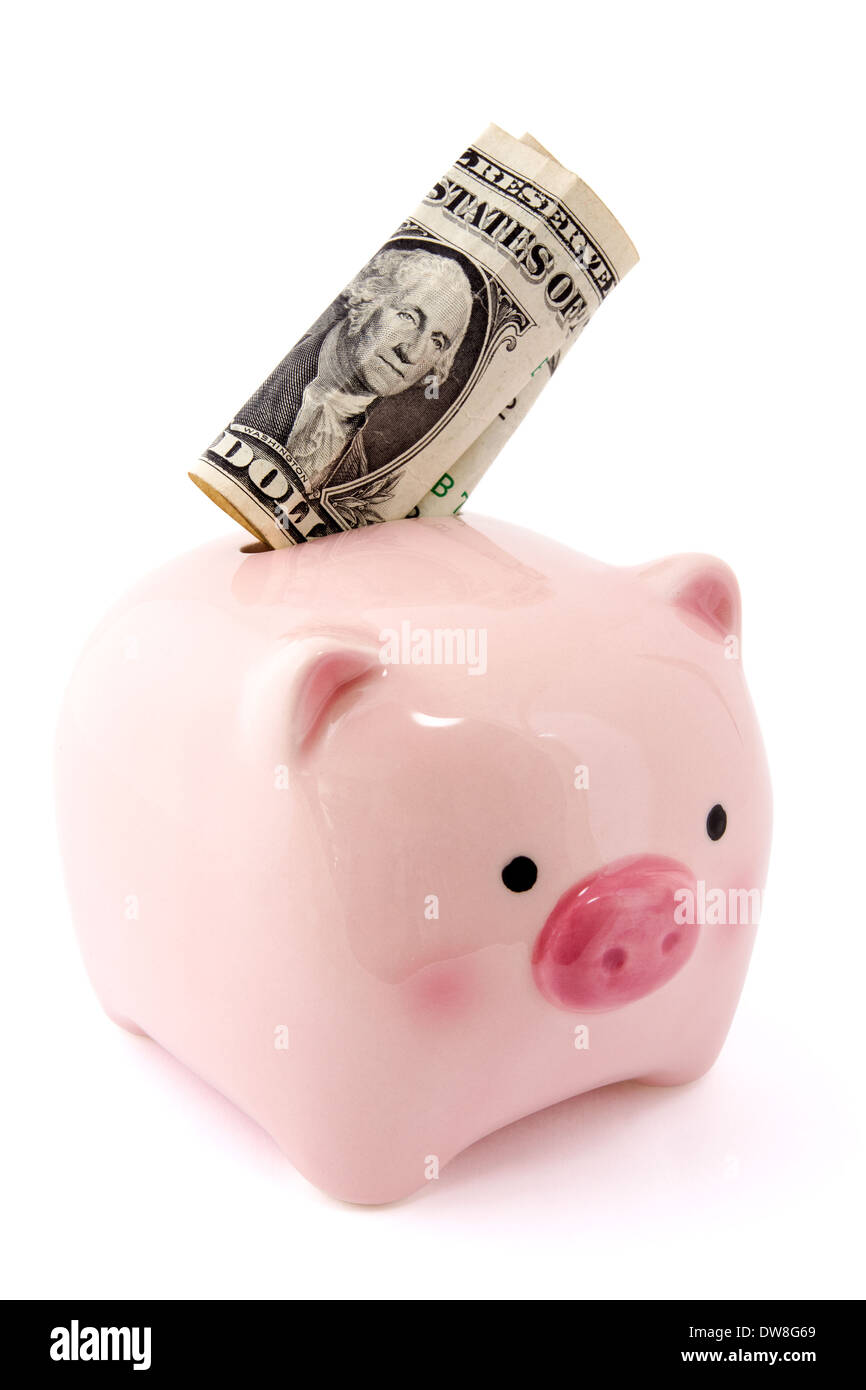 Piggy bank with one dollar bill isolated on white background Stock ...