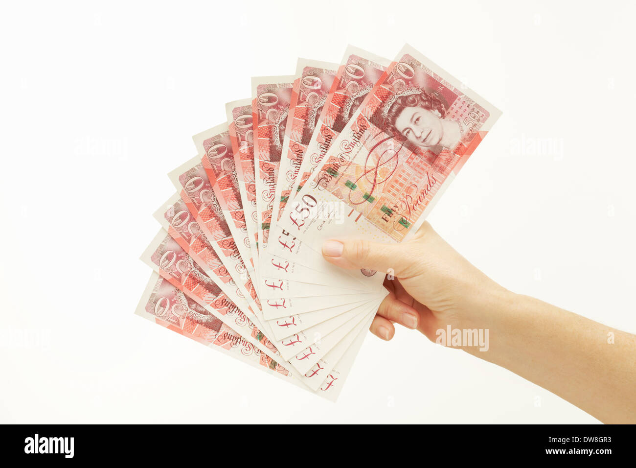 Fan of Fifty Pound Notes with Hand Stock Photo - Alamy