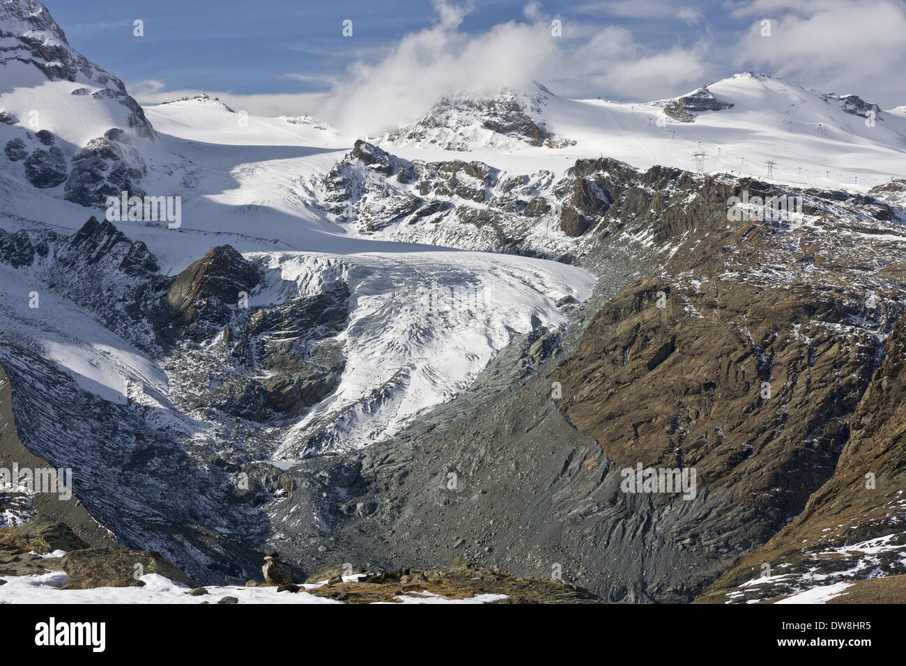 View of mountain valley side-glacier Gornergletscher (Gorner Glacier ...
