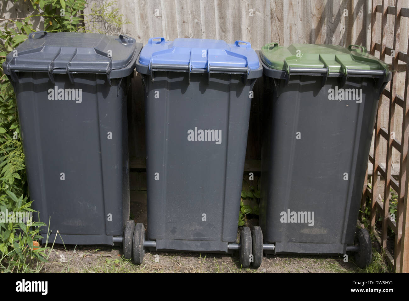 Domestic rubbish bins dividing general recycling and garden refuse ...