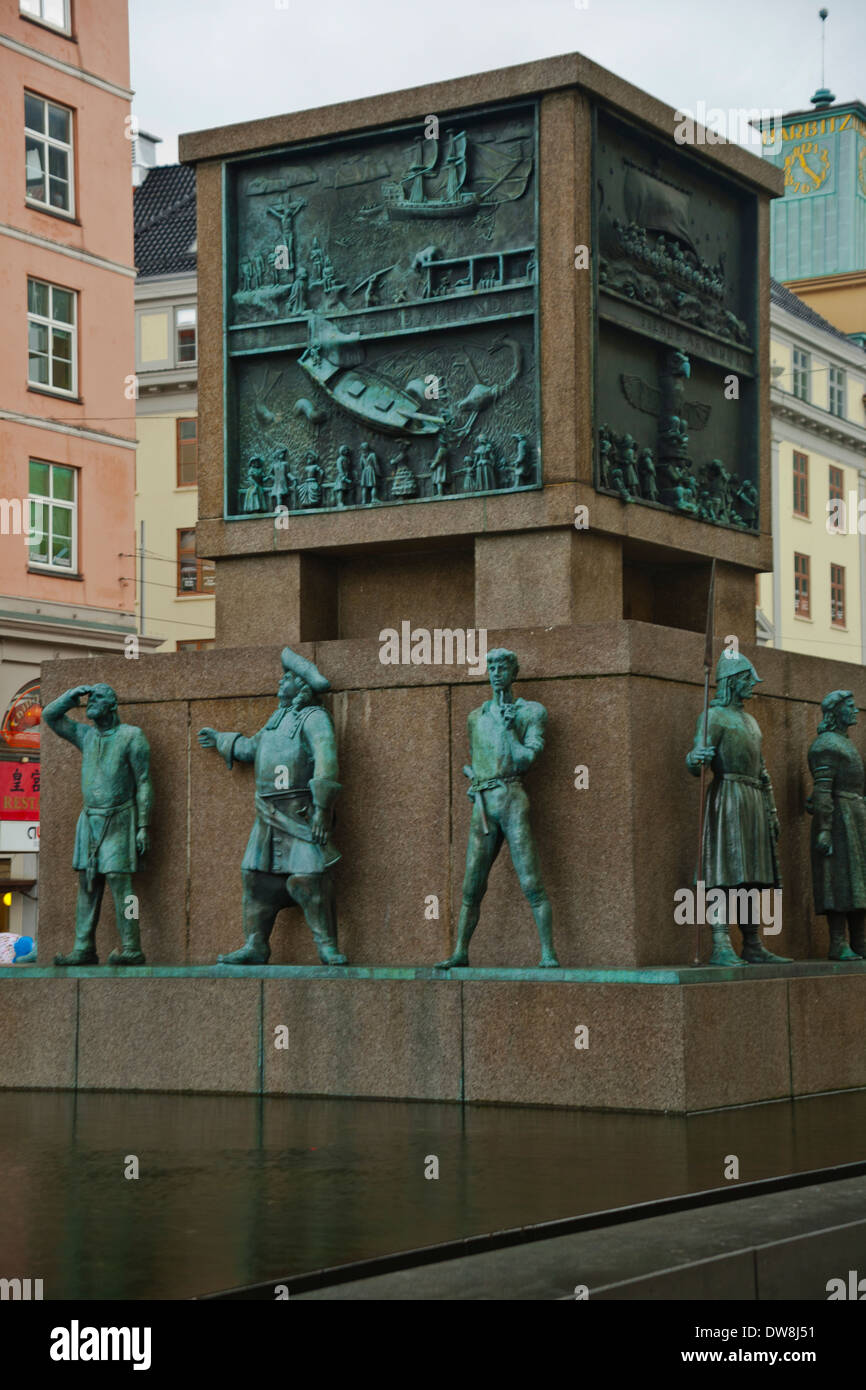 Mini statues around Centrepiece Square in Bergen, (Bryggen), Norway ...