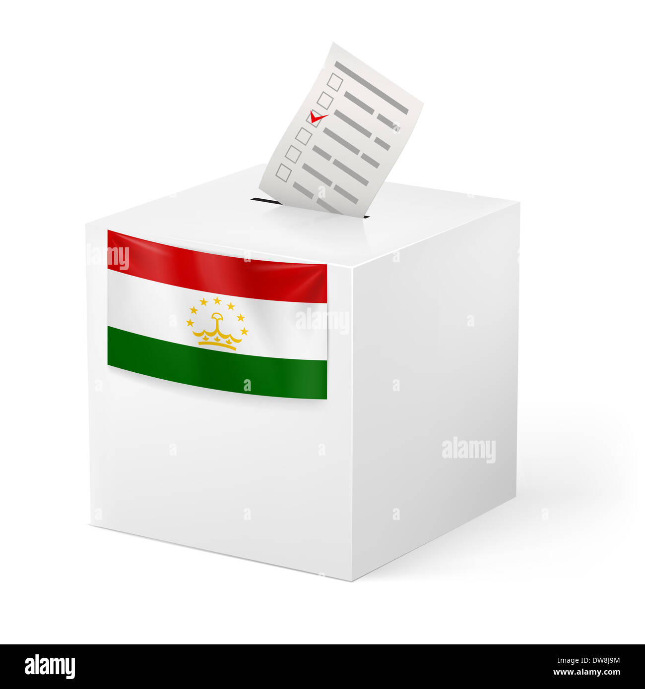 Election in Tajikistan: ballot box with voting paper on white ...