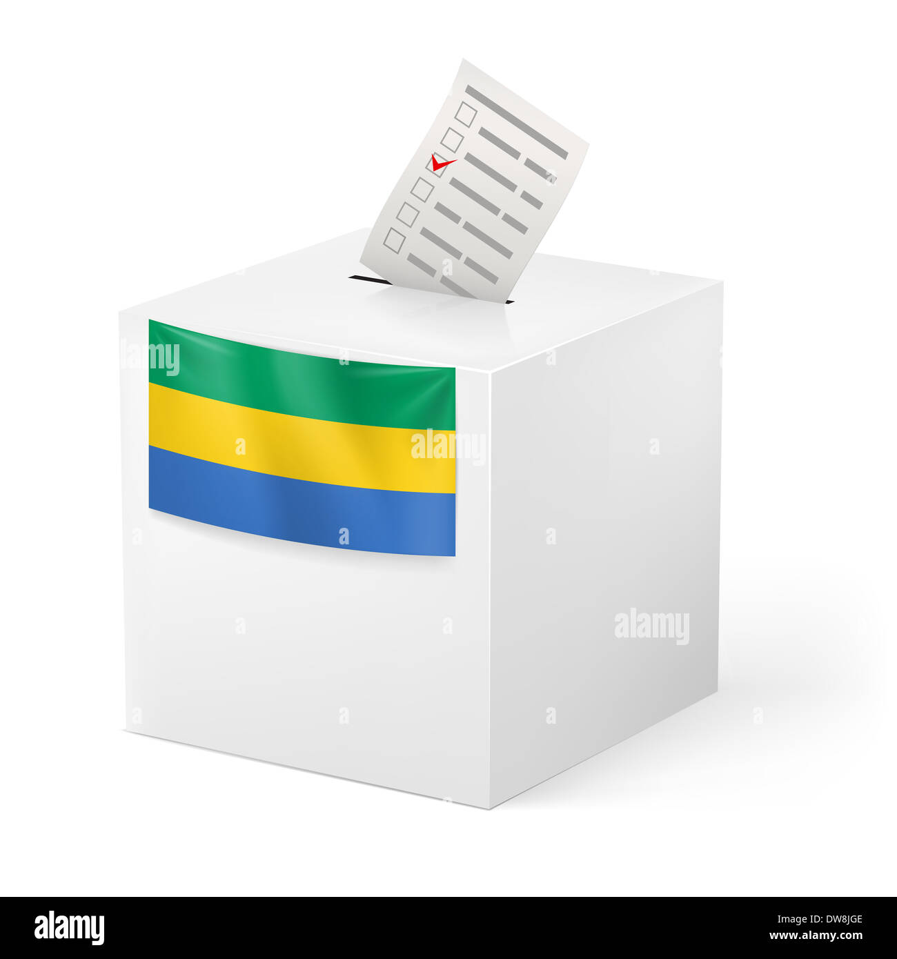 Election in Gabonese Republic: ballot box with voting paper on white ...