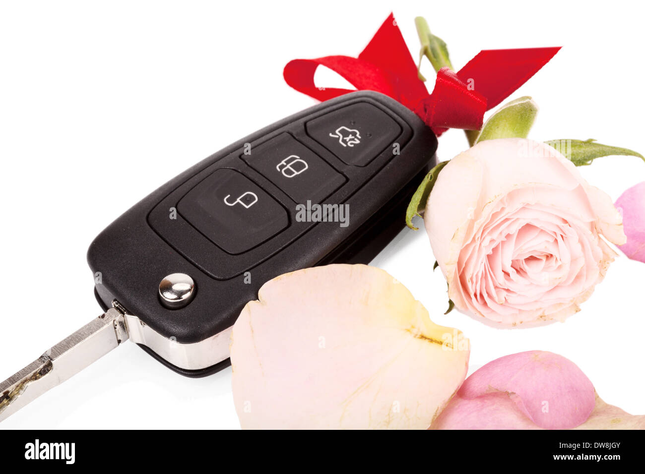 Car keys with ribbon and flowers as a gift isolated on white background ...
