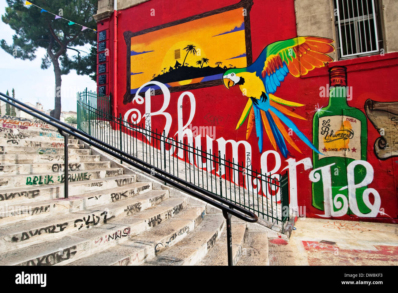 Graffiti-filled walls on the steps leading up to the Cours Julien ...
