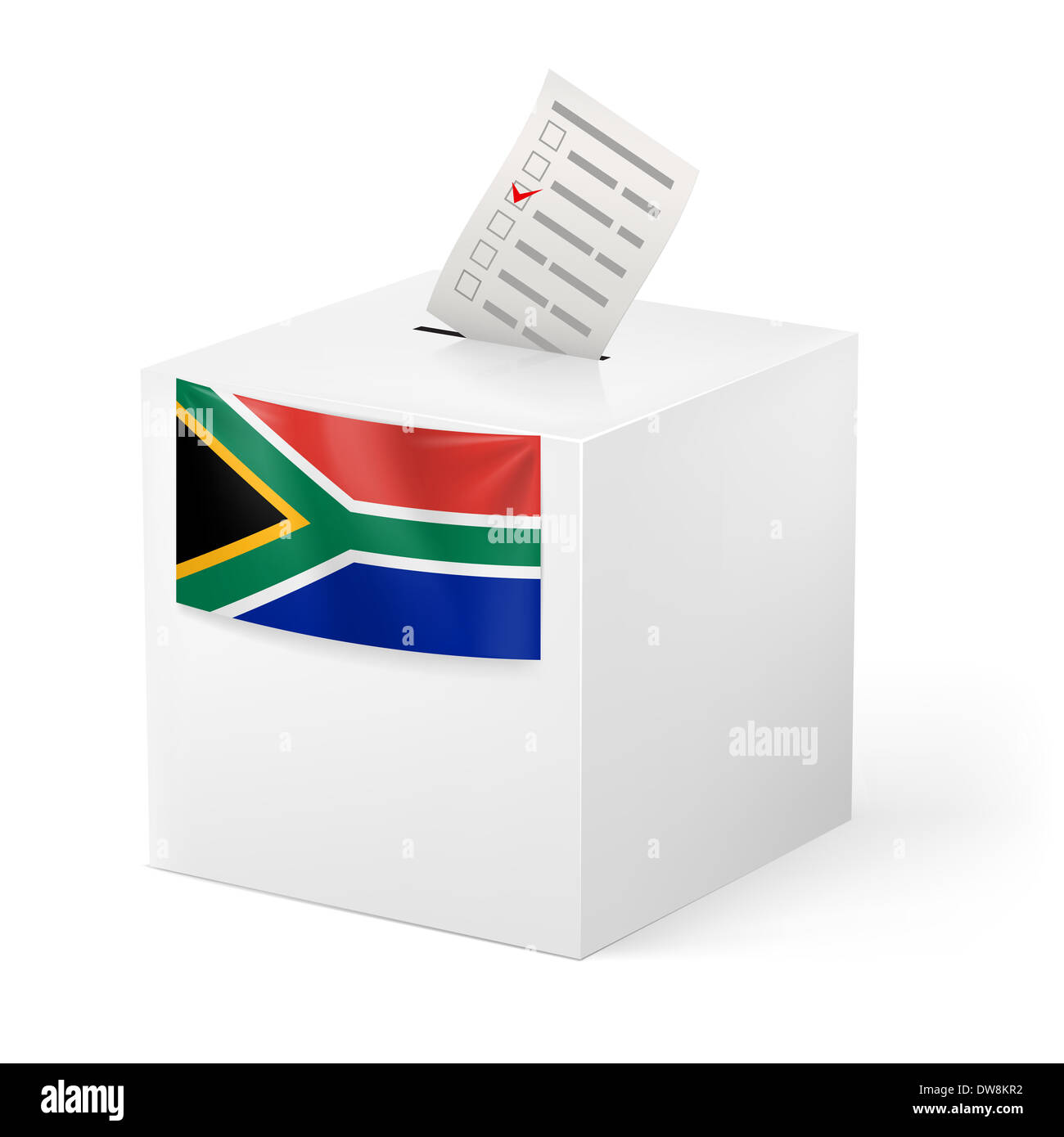 Election in South Africa: ballot box with voting paper on white ...
