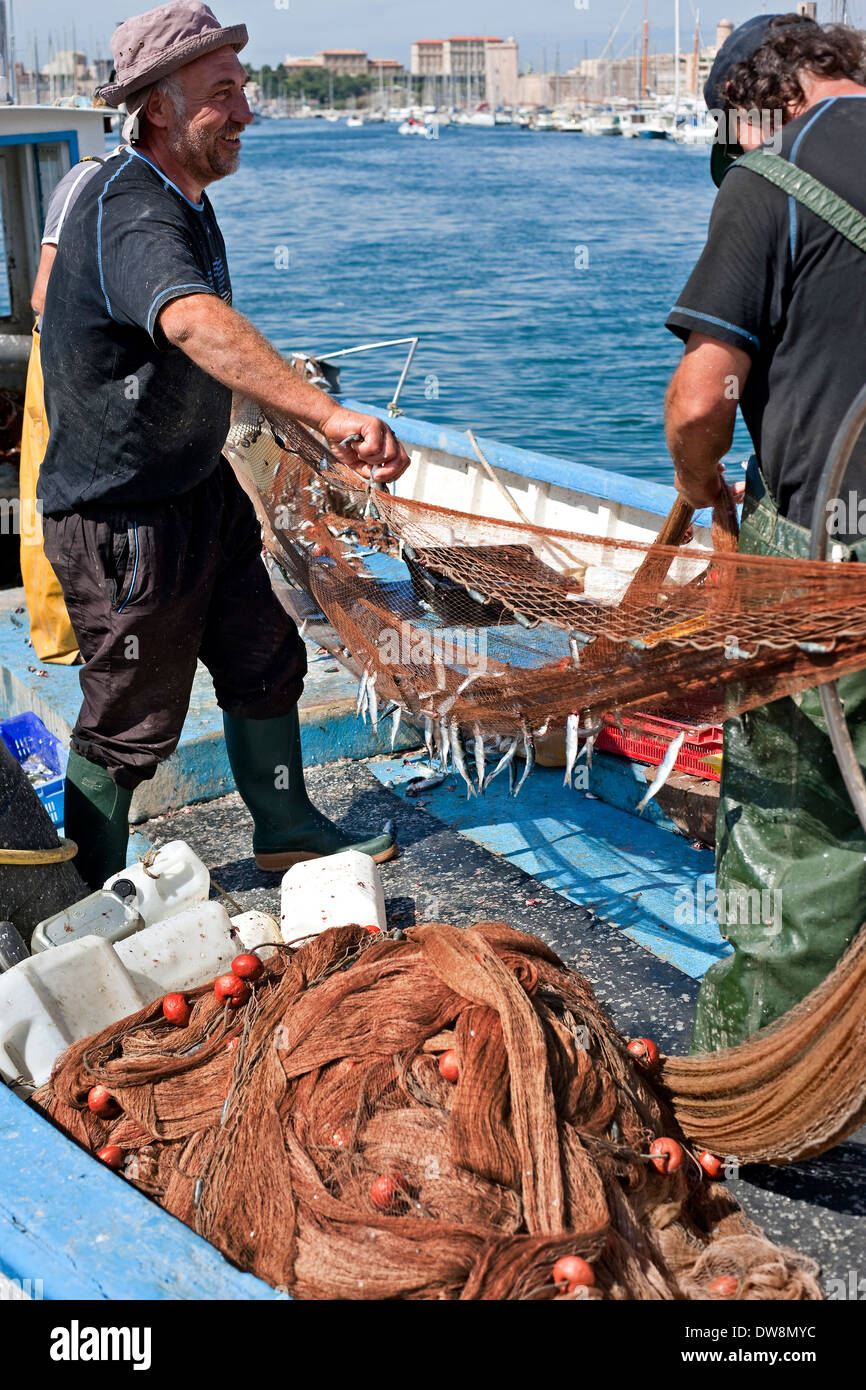 Fishermen on board sorting catch at the fish market in the Old Port of ...