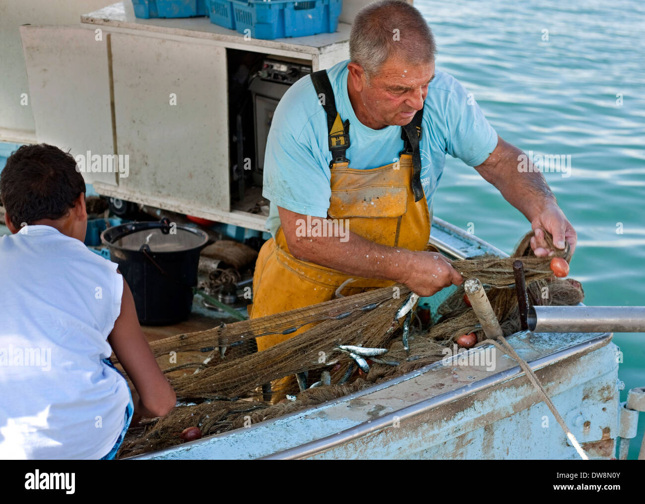 Fishermen on board sorting catch at the fish market in the Old Port of ...