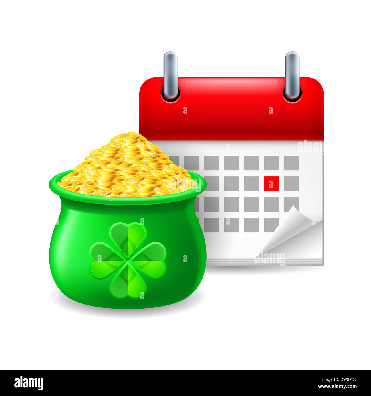 Icon of pot of gold and calendar with marked day Stock Photo - Alamy