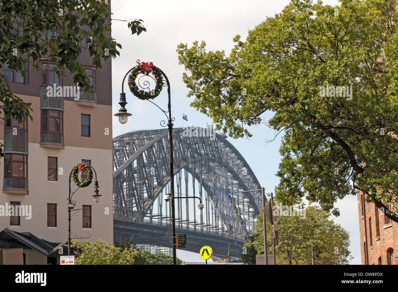 Sydney harbour bridge from The Rocks, Sydney, Australia with Xmas ...
