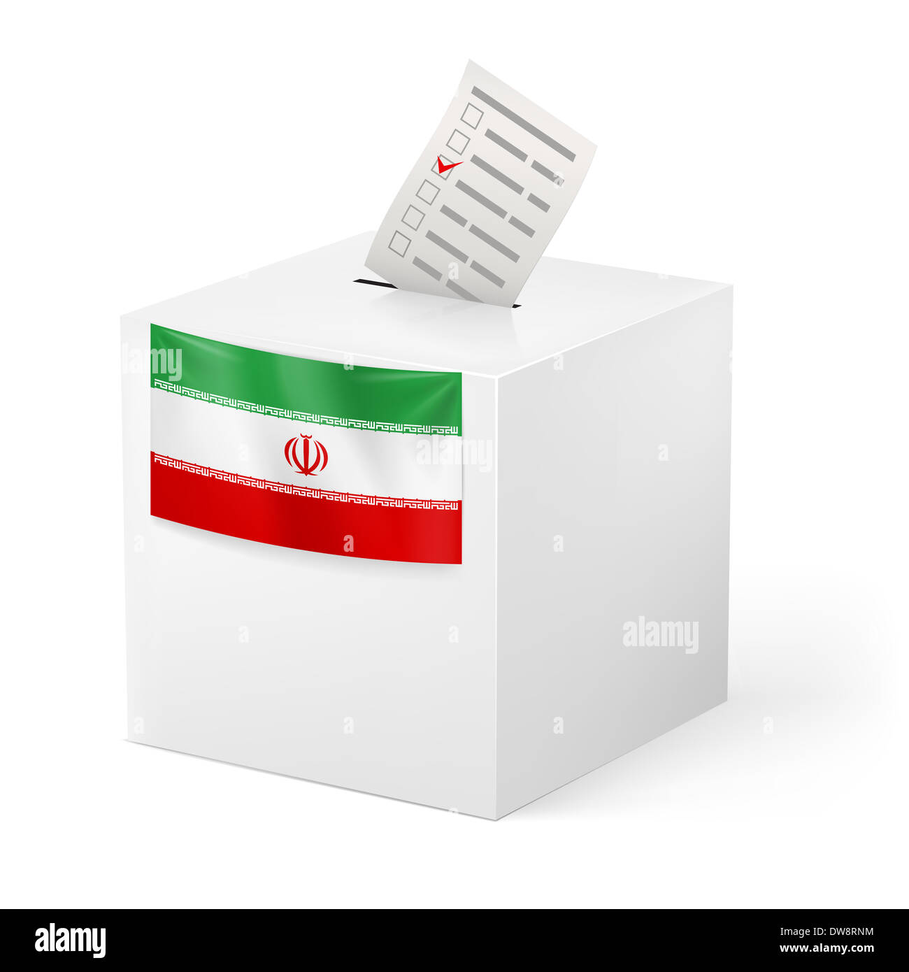 Election in Iran: ballot box with voting paper on white background ...