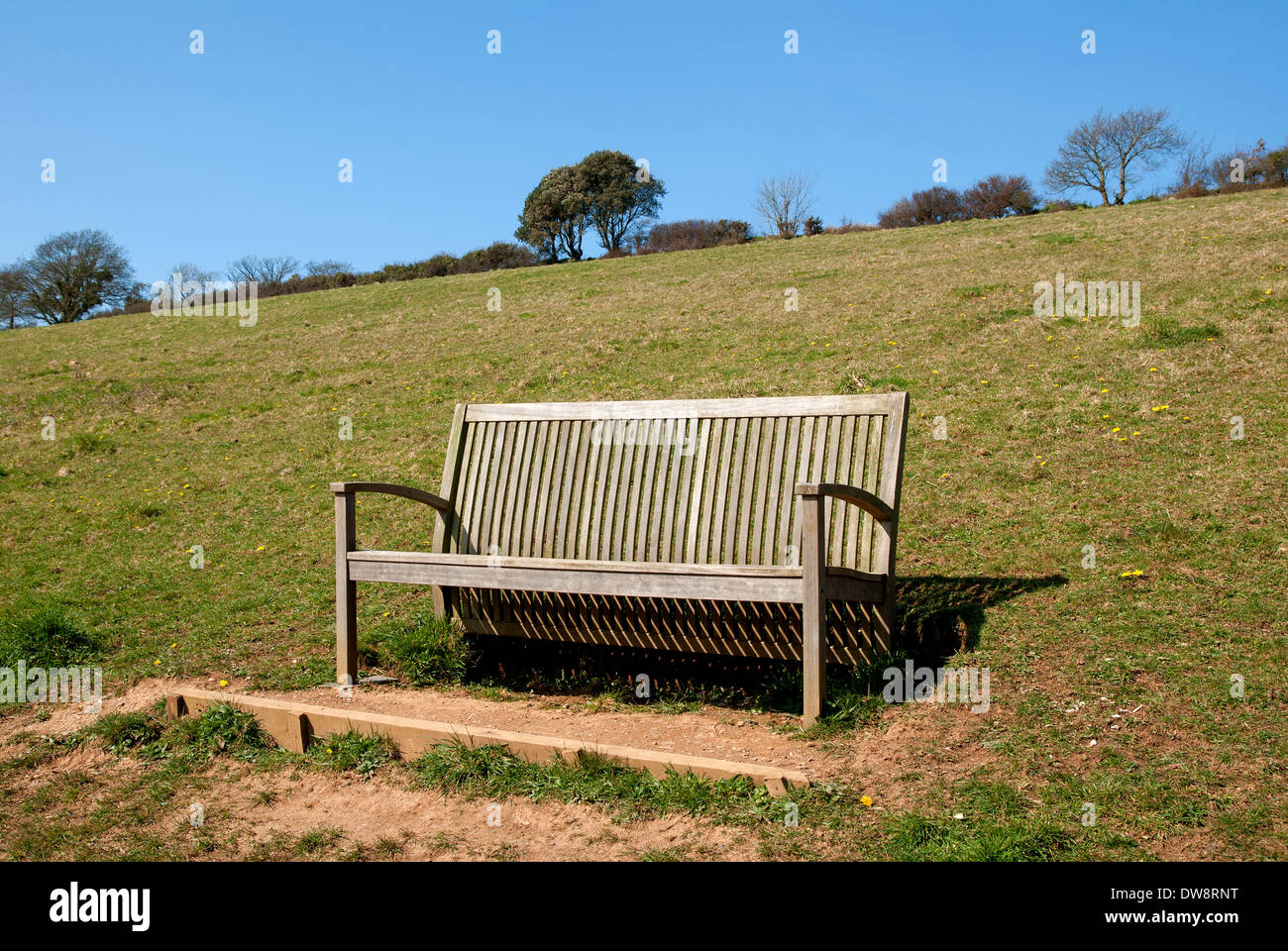 an empty bench in a field Stock Photo - Alamy