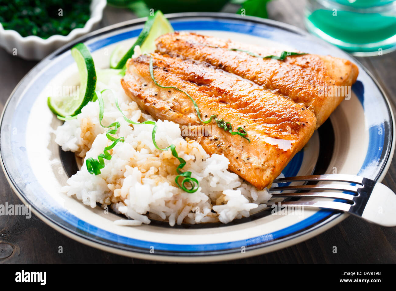 Baked salmon with rice Stock Photo - Alamy