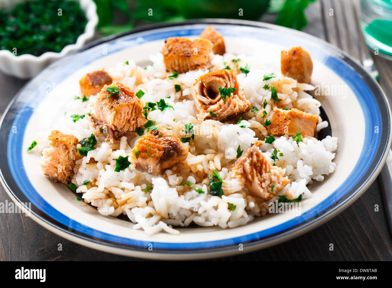 Baked salmon with rice Stock Photo - Alamy