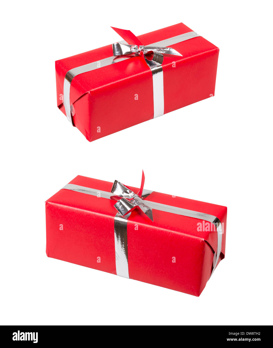 Red gift box with silver ribbon over white Stock Photo - Alamy