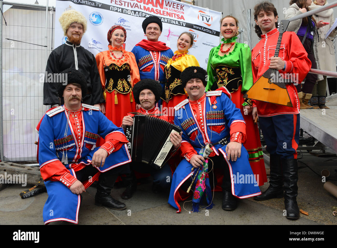 London, UK. 2nd March, 2014. Cossack Ensemble Sakma preforms on stage ...