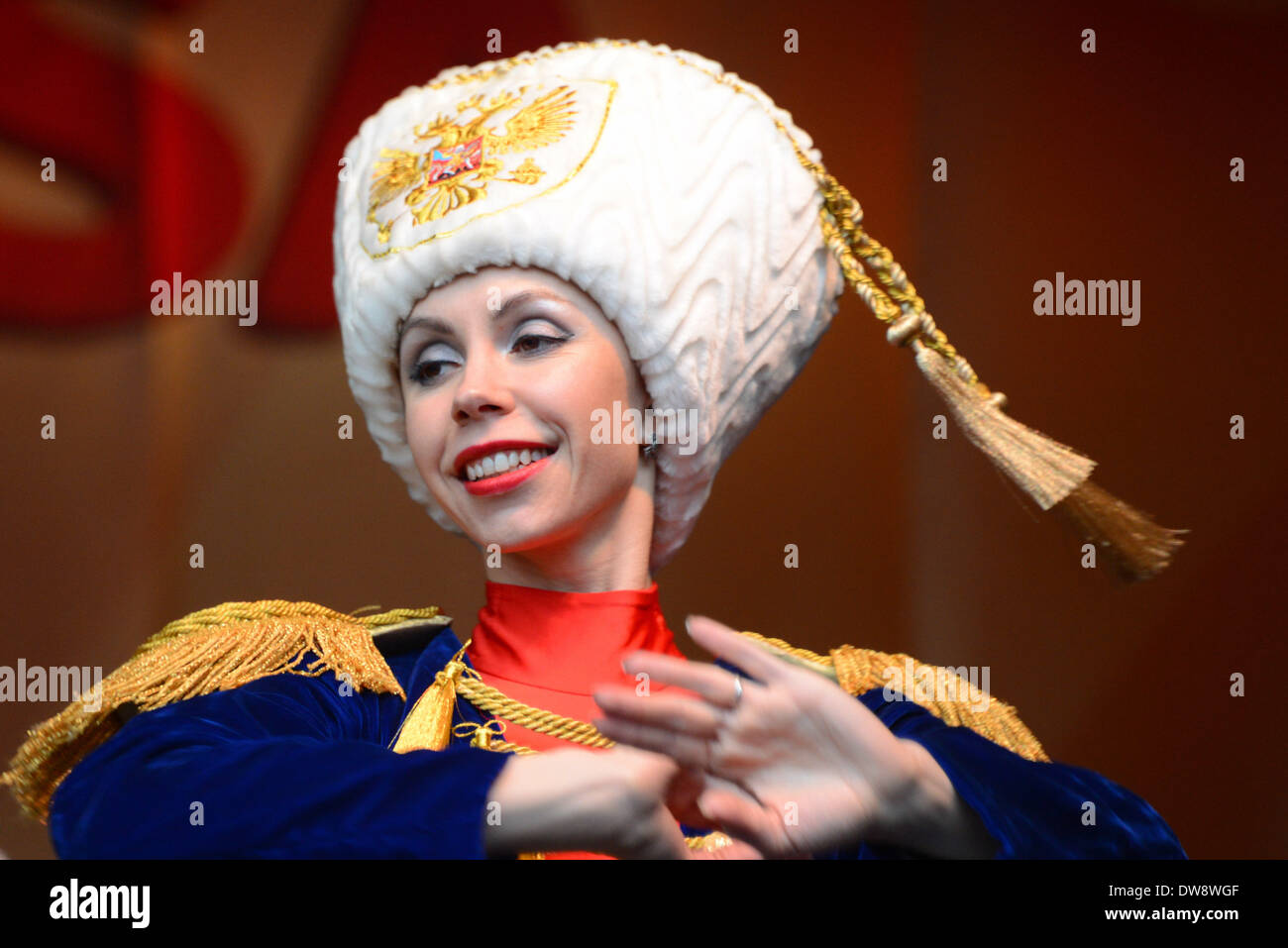London, UK. 2nd March, 2014. Cossack Ensemble Sakma preforms on stage ...