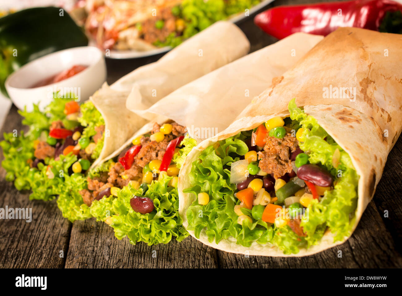 Selective focus on the right burrito sandwich Stock Photo - Alamy
