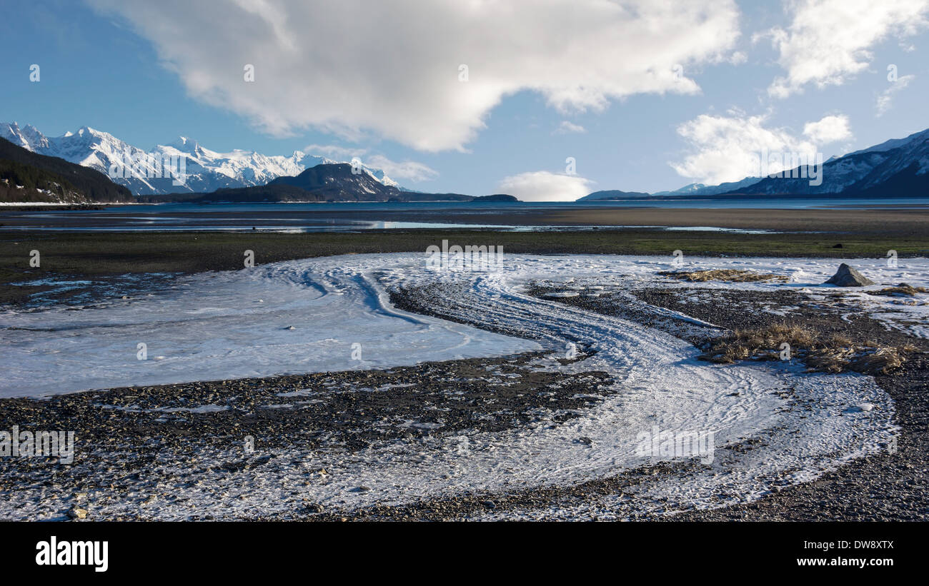 Ice patterns in winter on a beach near the Chilkat Inlet in Southeast ...