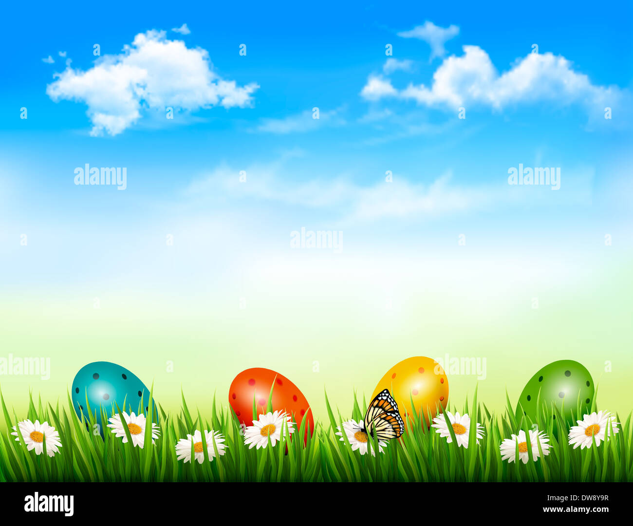 Easter background. Easter eggs laying in green grass with daisy under ...