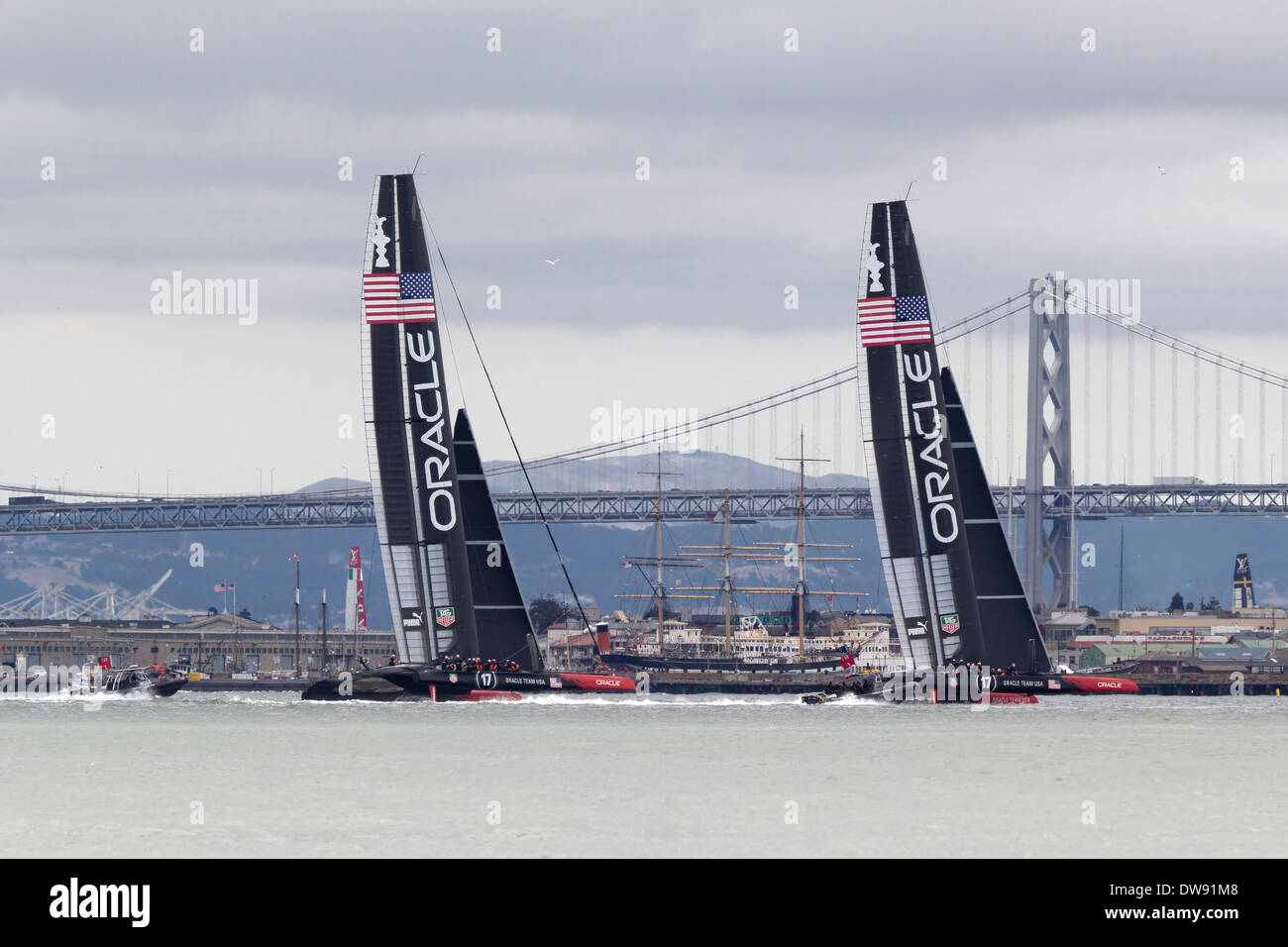 Catamarans for Oracle Team USA sail on San Francisco Bay during the ...