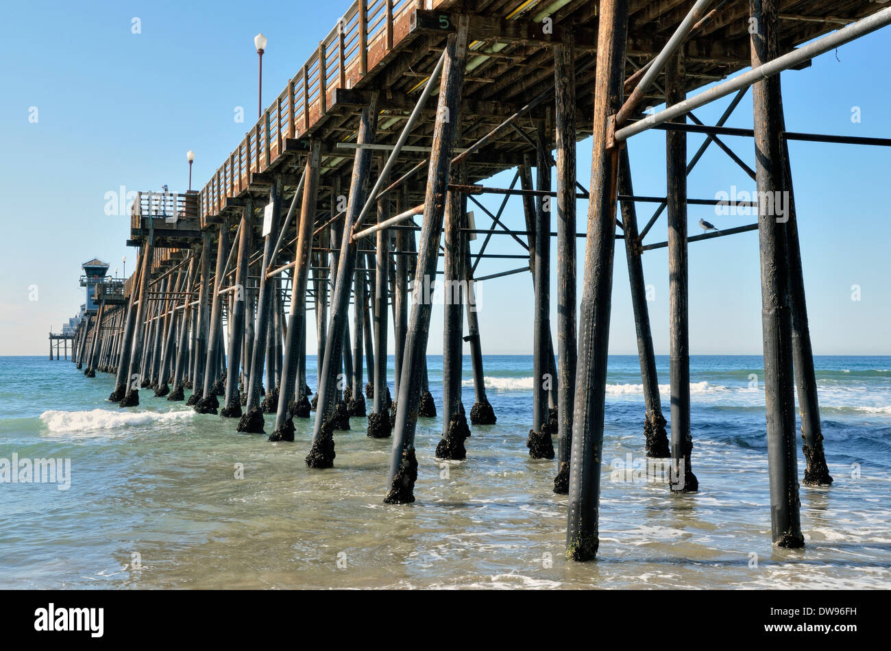 Historic Oceanside Pier at the onset of high tide, Oceanside, San Diego County, California ...