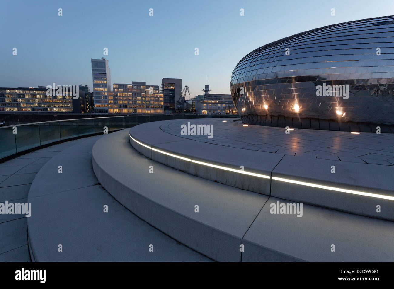Skyline and futuristic pavilion with a mirrored facade, Hyatt Regency ...