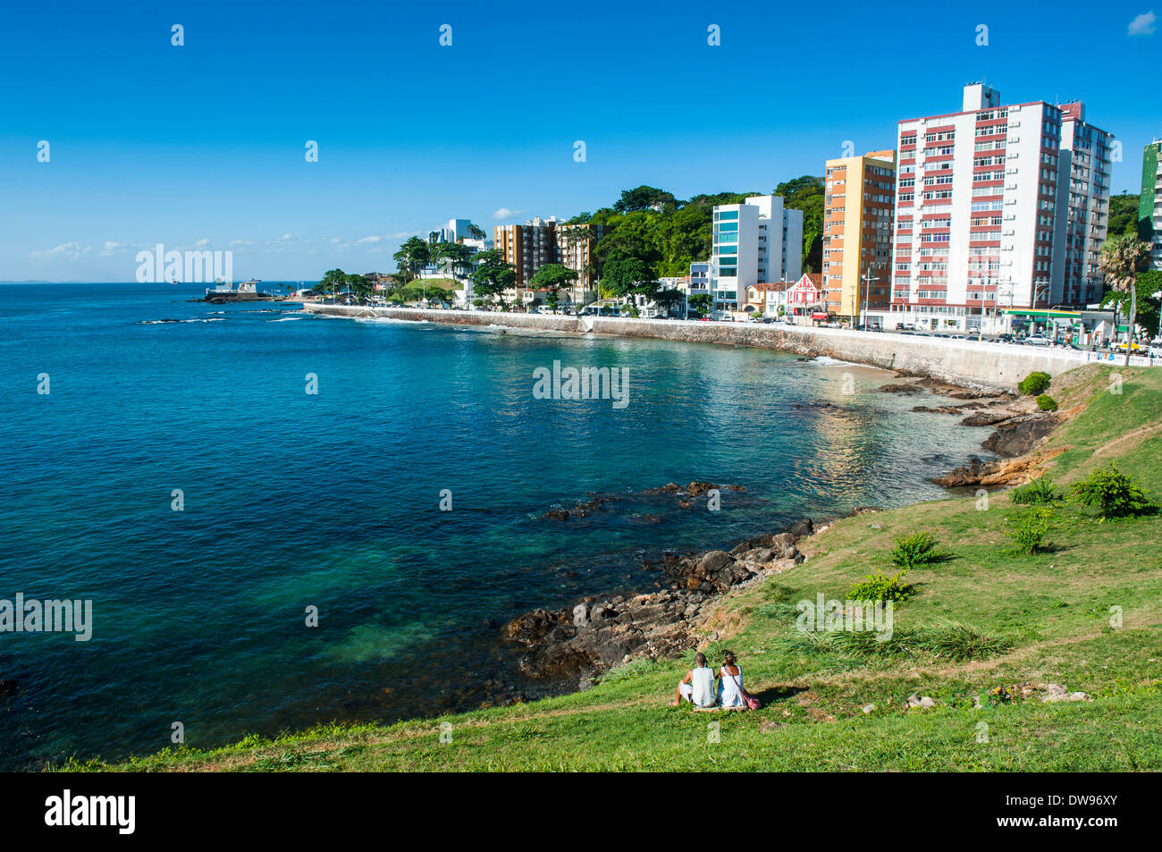 View from Farol da Barra Lighthouse over the beach, Salvador da Bahia ...