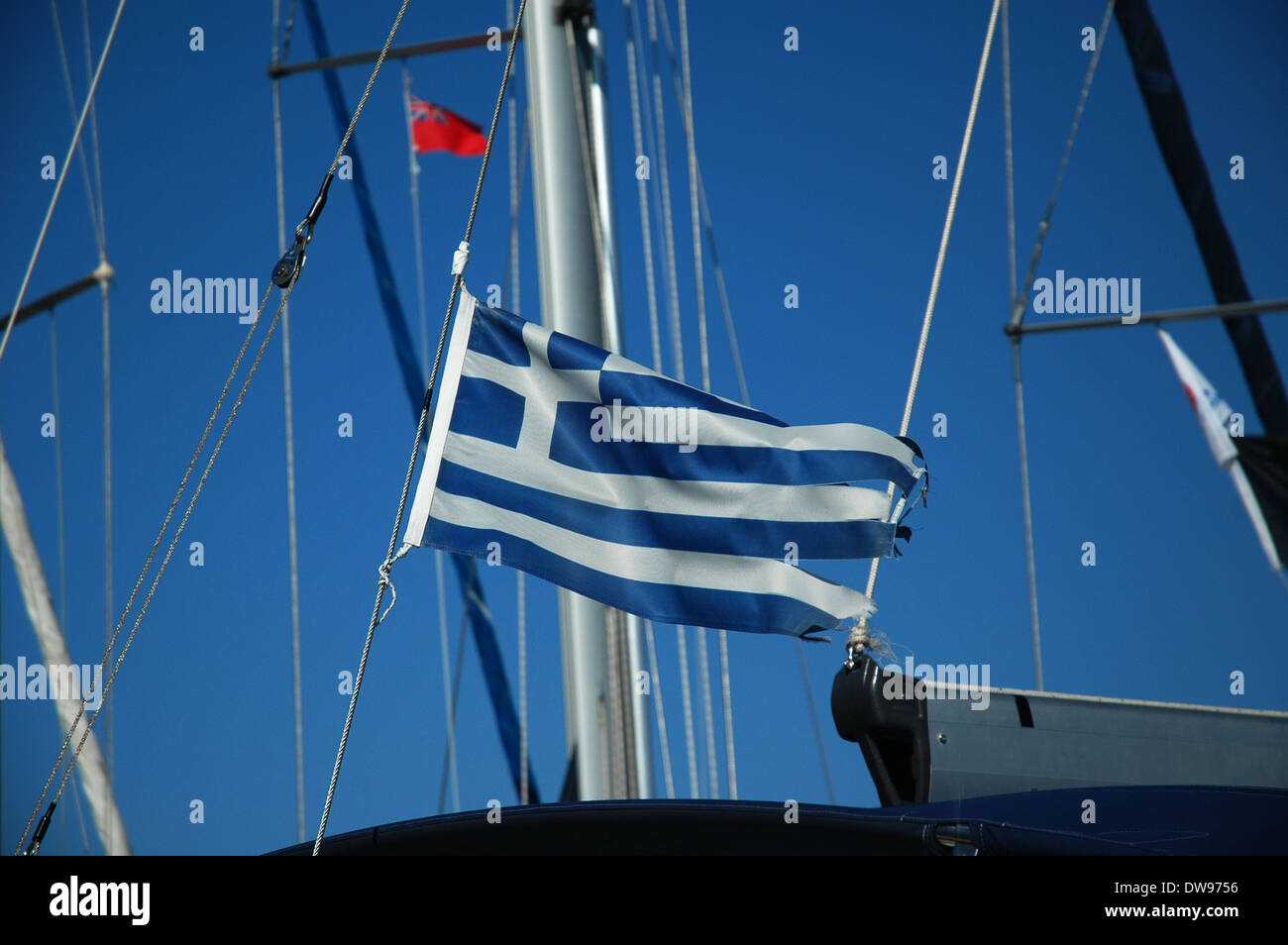 Greek flag on a fishing boat, Kephalnia Stock Photo - Alamy