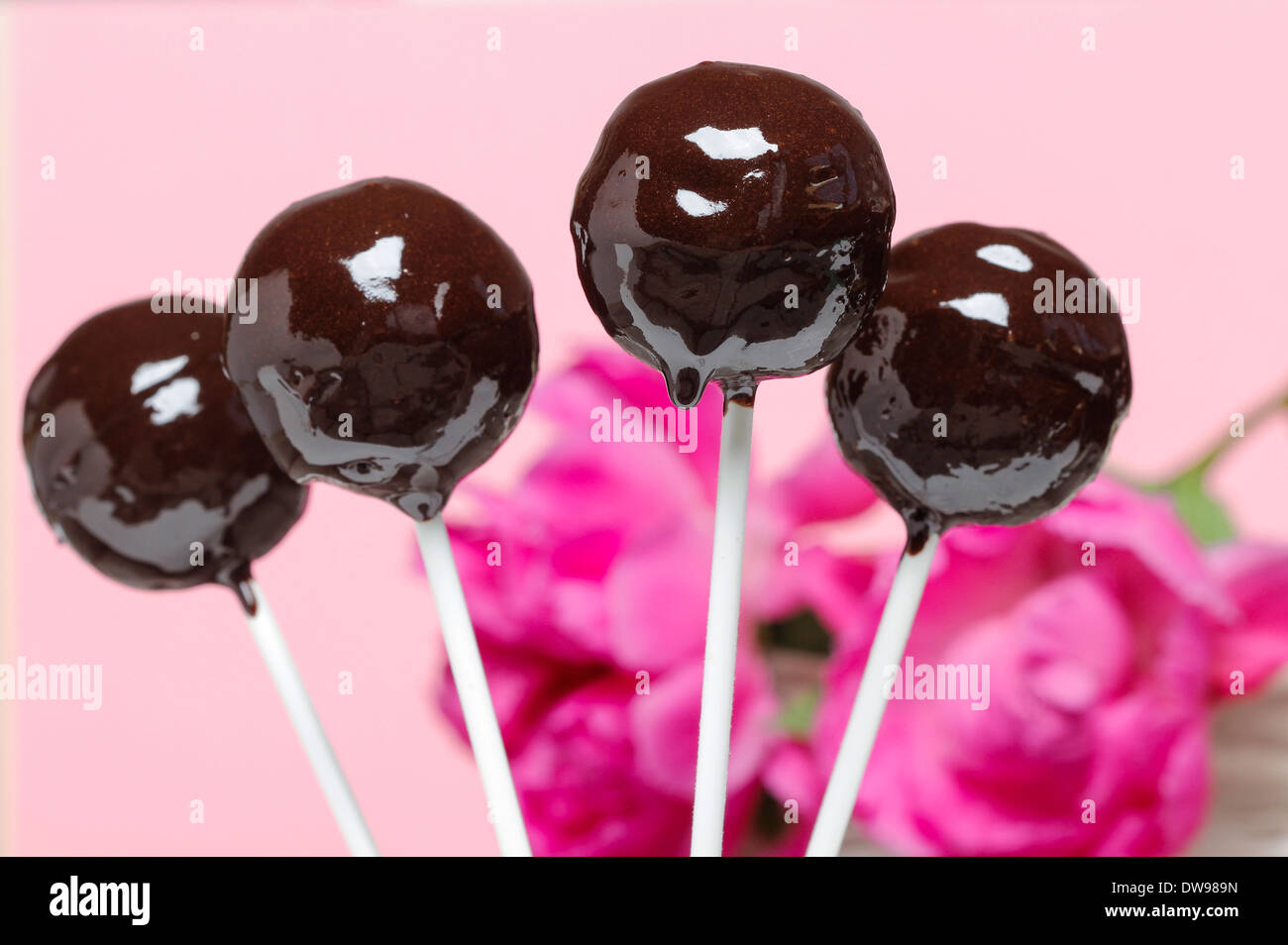 Chocolate cake pops on pink background. Selective focus.Chocolate cake ...