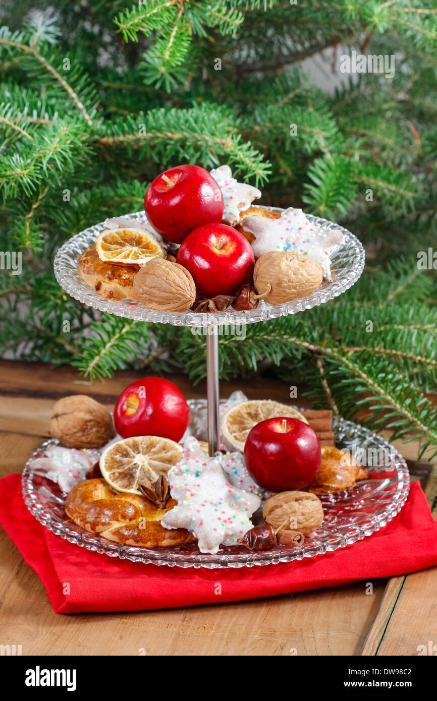 Two level dessert stand full of sweetsTwo level dessert stand full of ...