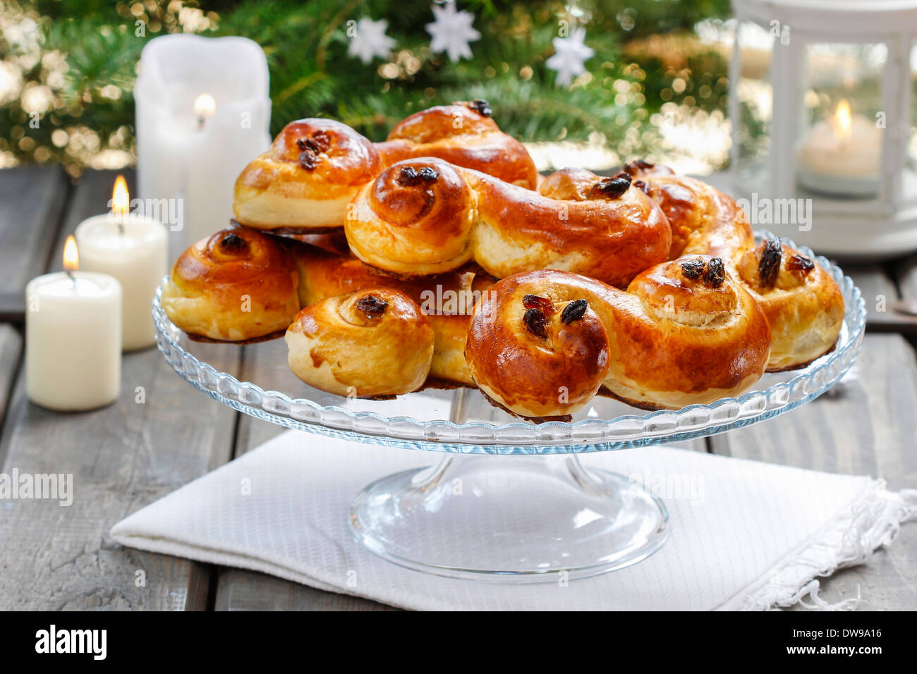 Swedish christmas. Traditional swedish buns in christmas setting. A ...