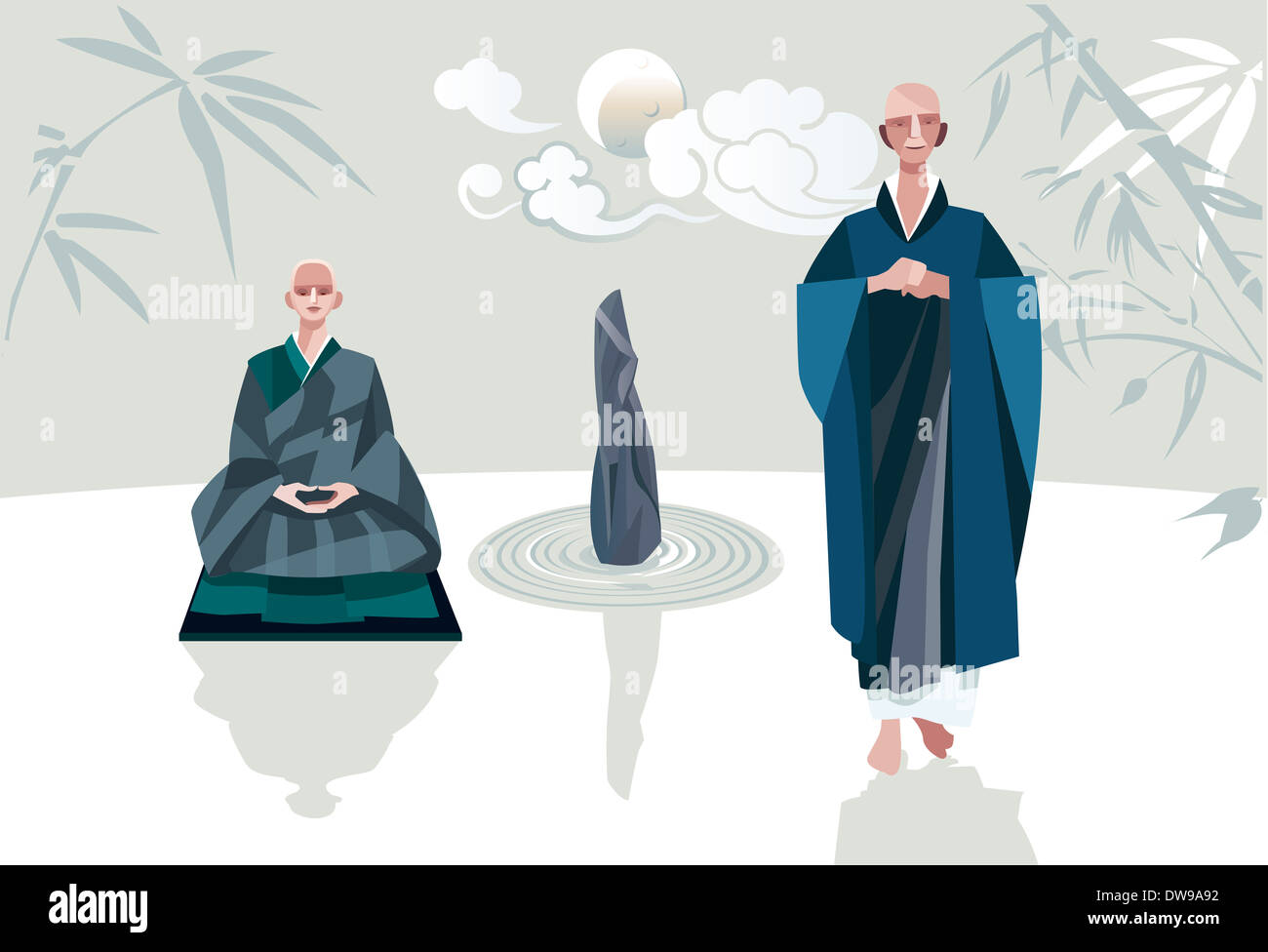 A Zen Master and one of his disciples in a Zen garden. Behind their a ...