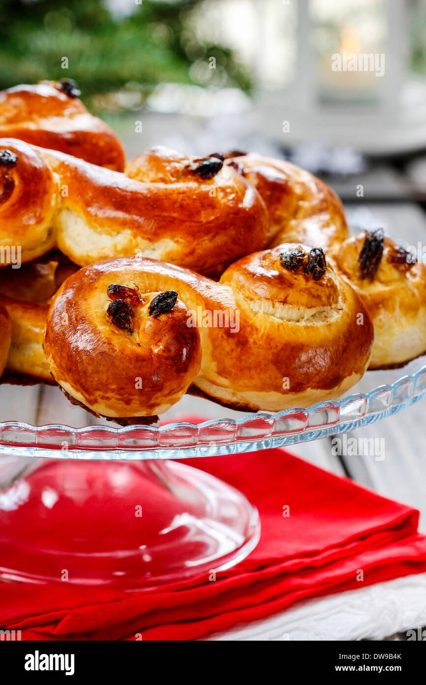 Traditional swedish buns in autumn setting. A saffron bun, lussebulle ...
