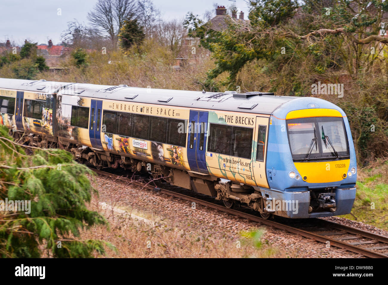 A Class 170 Greater Anglia train on the line at Beccles , Suffolk , Uk ...