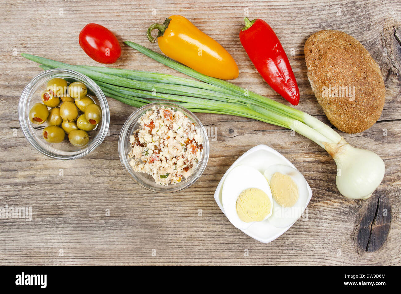 Healthy natural breakfast on wooden table, top viewHealthy natural ...