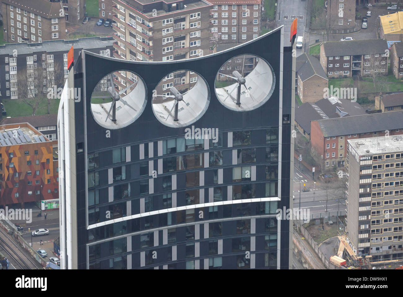 A close-up Aerial Photograph of the wind turbines on the roof of Strata ...