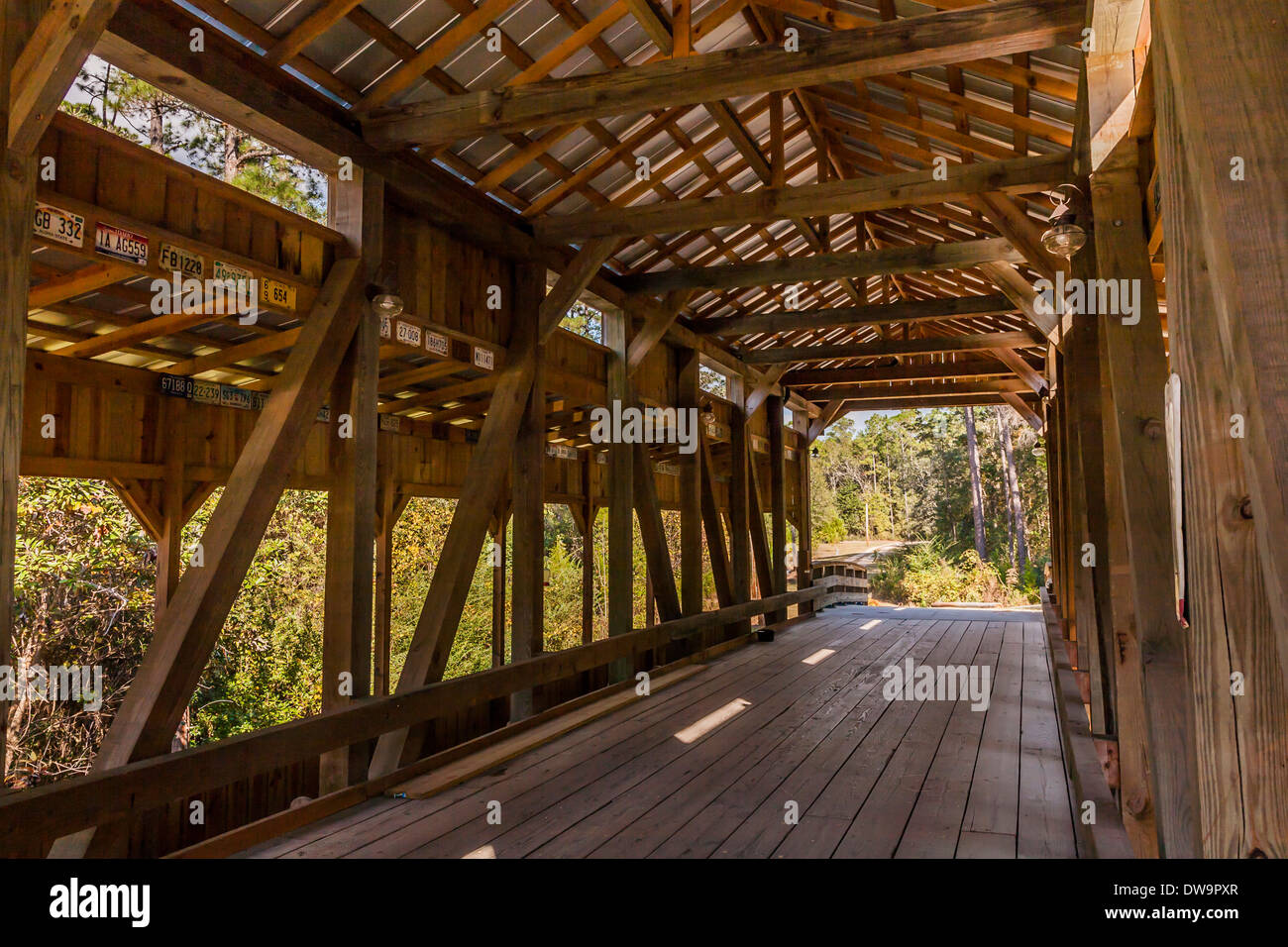 Exposed wood framing of a covered bridge outside of Elberta, Alabama ...